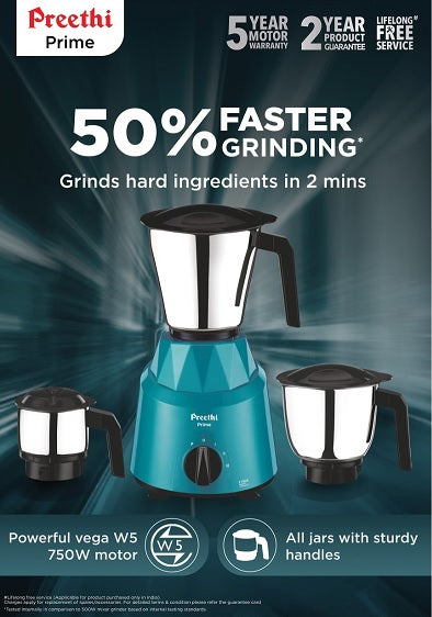 Preethi Prime Mixer Grinder - 750W Motor, 3 Jars