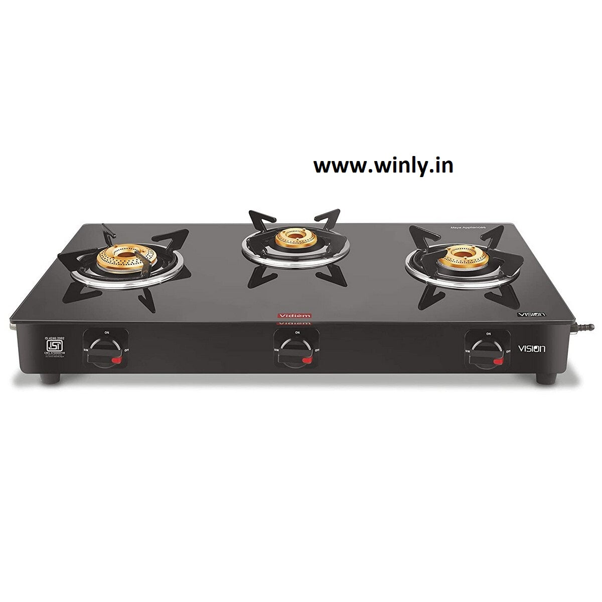 Vidiem Vision 3 Burner Glass Top Gas Stove Rear Inlet FG-GS0239